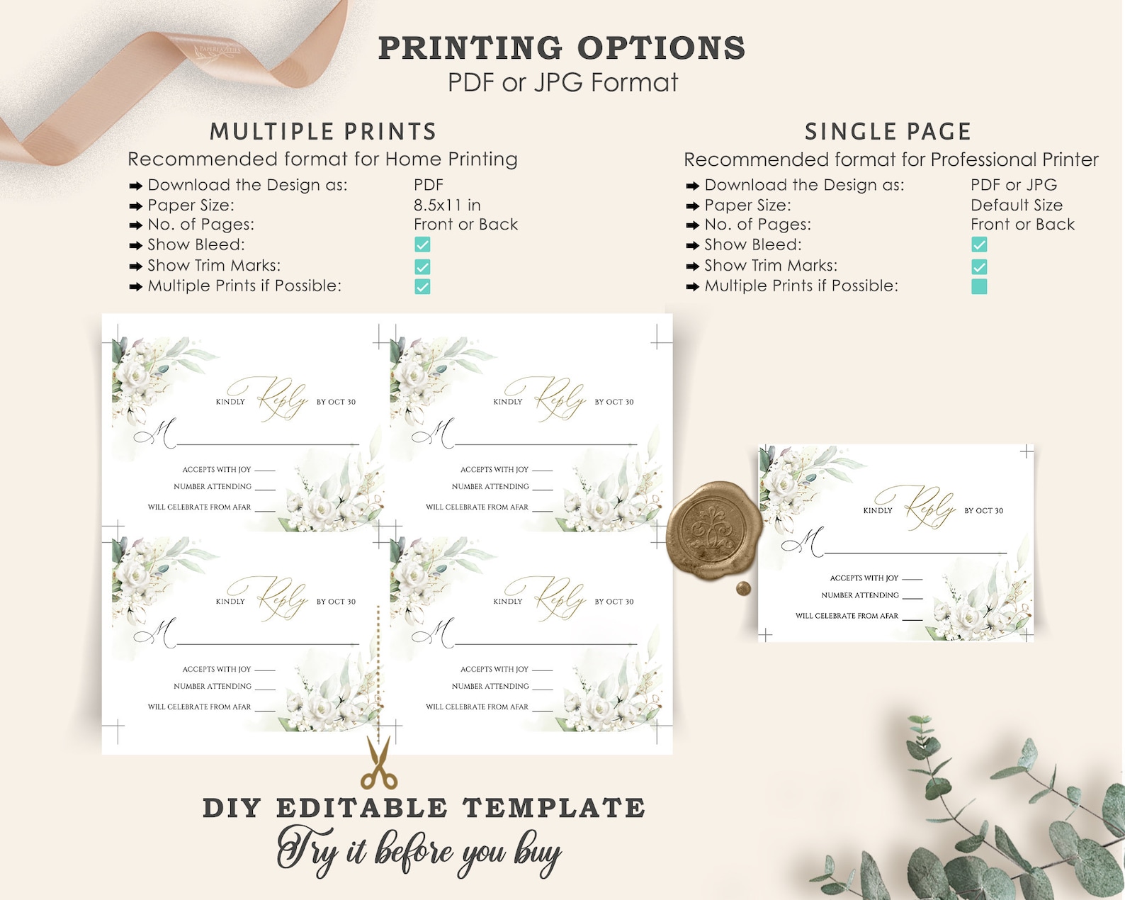 AMANDA White Floral Wedding Invitation Set Template Sage - Etsy