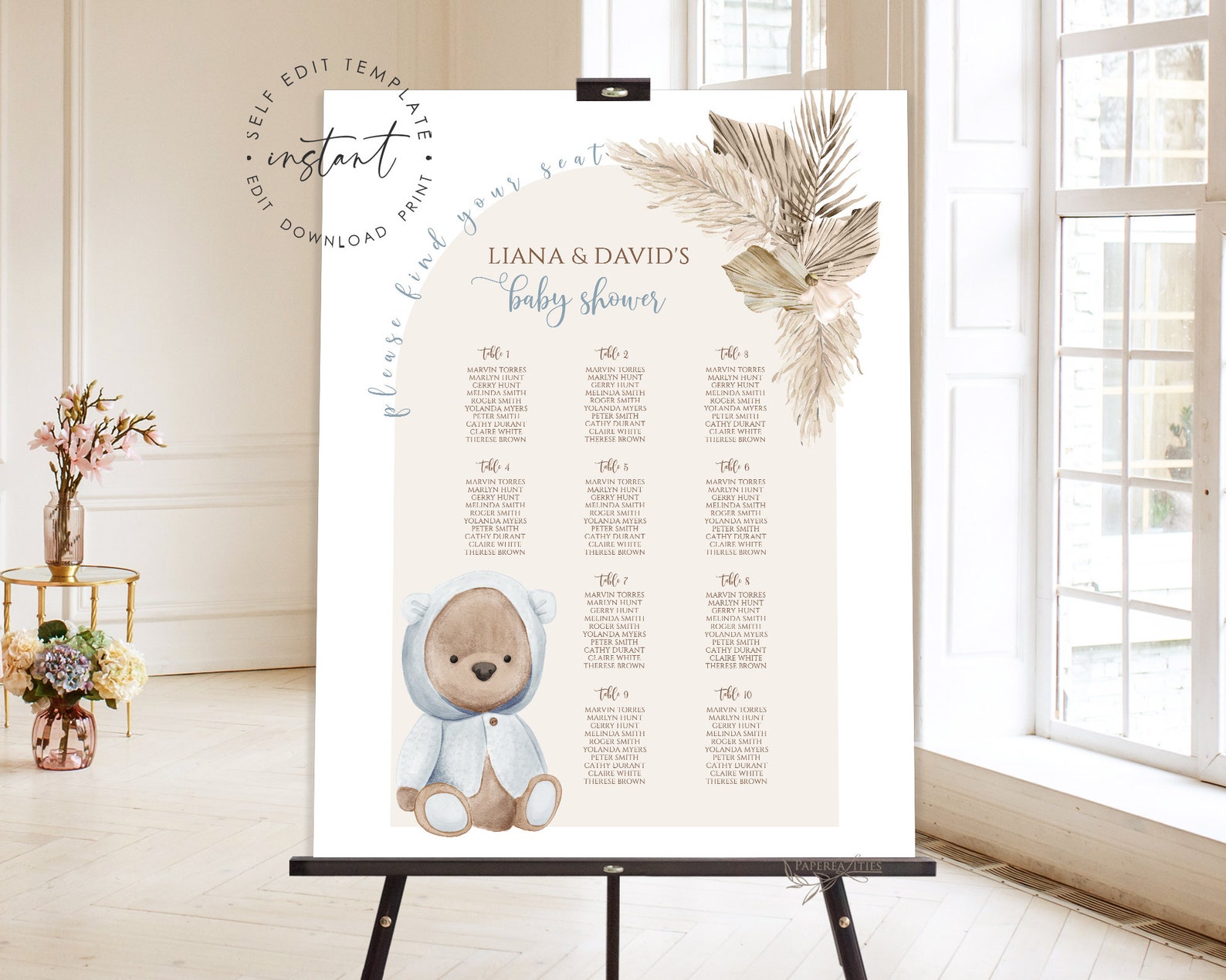Teddy Bear Baby Shower Seating Chart: Dusty Blue Template (digital ...
