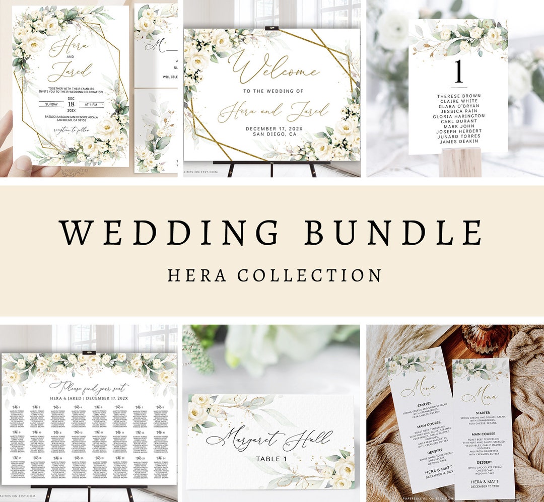 Wedding Template Bundle, Sage Green White and Gold Wedding Invitation Suite, Printable Editable ...