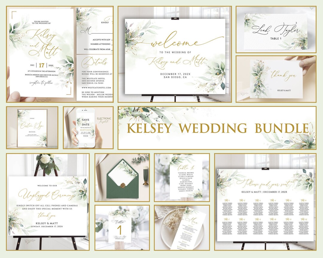 KELSEY - Wedding Template Bundle, Sage Green Wedding Invitation Editable, Greenery Wedding ...