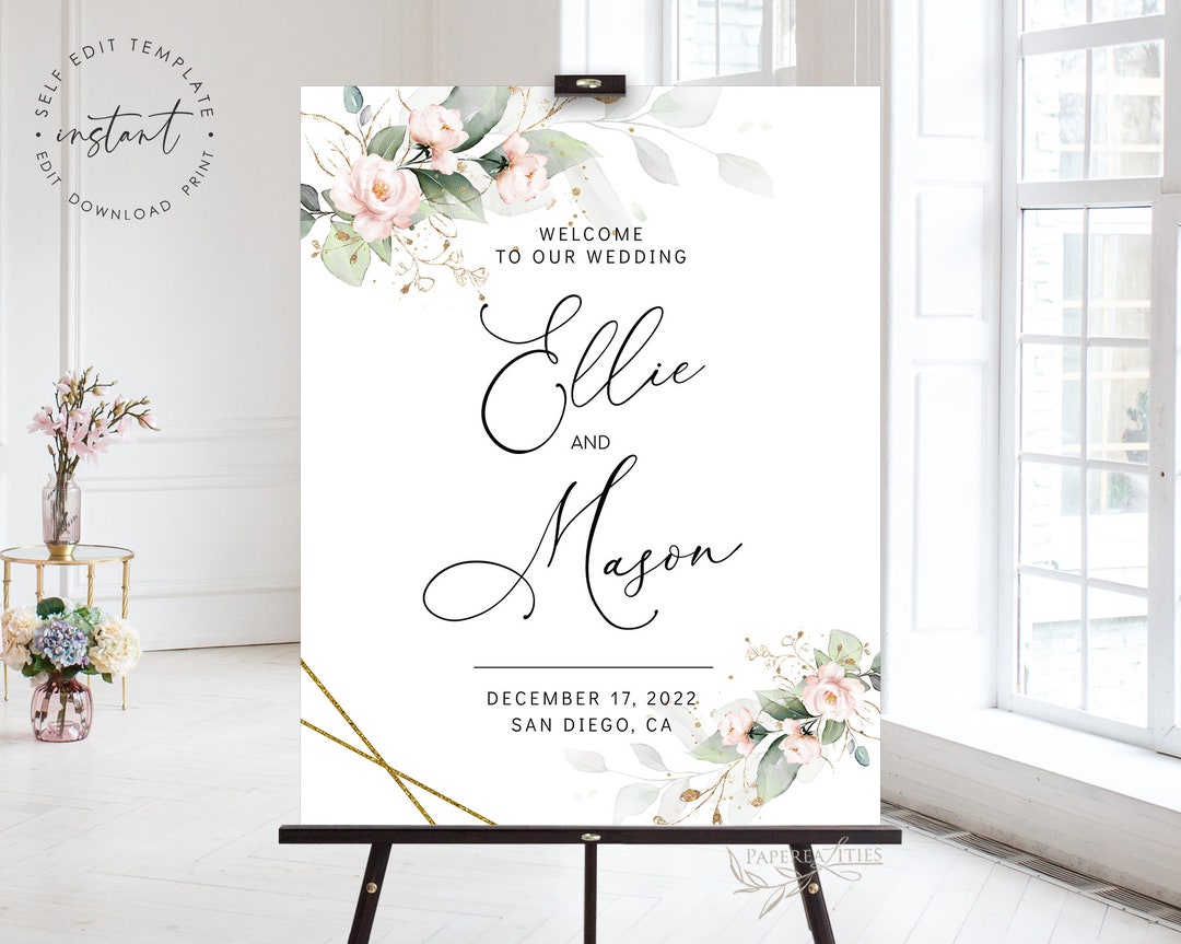 ELLIE - Greenery Blush Welcome Sign Template, Geometric Floral Welcome ...