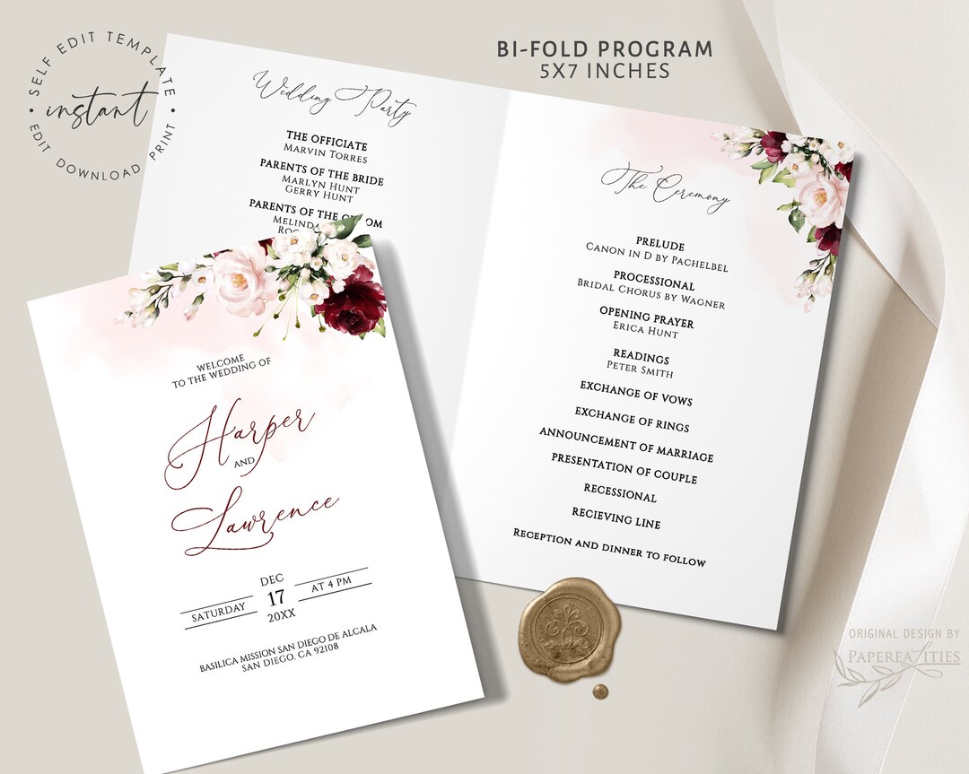 Foldable Wedding Program Template, Church Program Template, Editable ...