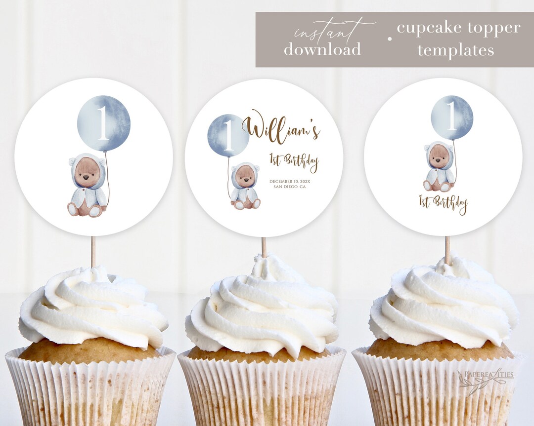 Printable Bear Balloon Cupcake Toppers Template, Teddy Bear Cupcake ...