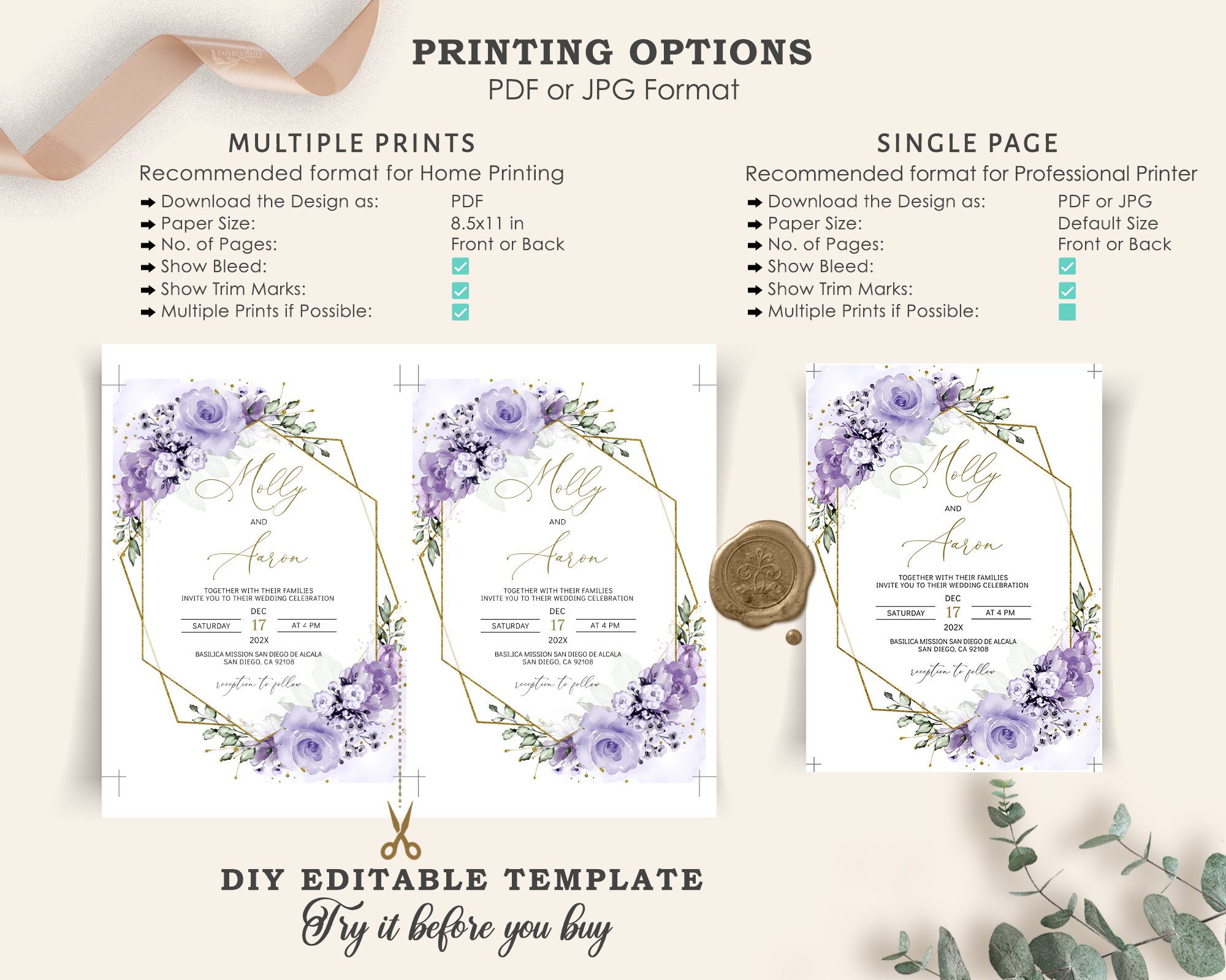 MOLLY Lilac Wedding Invitation Template Purple Floral - Etsy