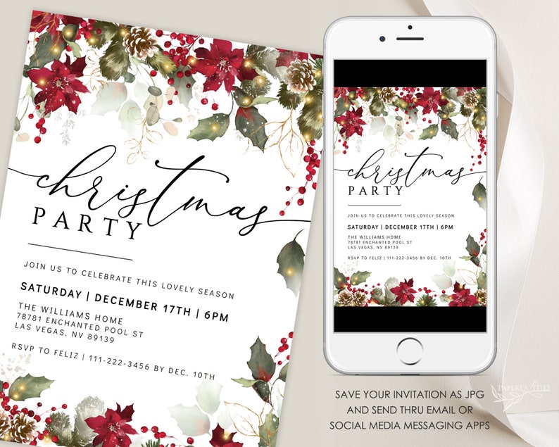 Poinsettia Christmas Party Invitation Template (editable) - Etsy