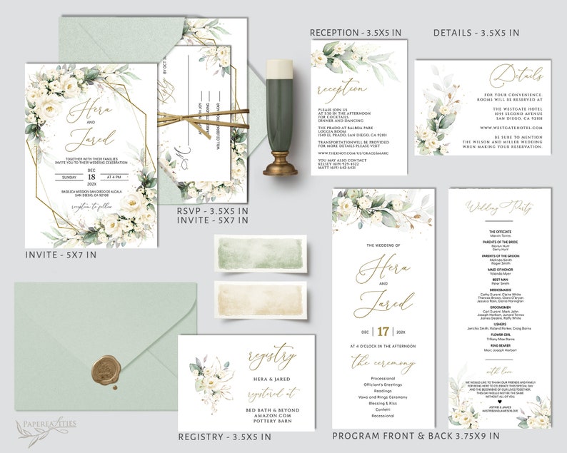 White Floral Wedding Invitation Template Suite (digital Download) - Etsy