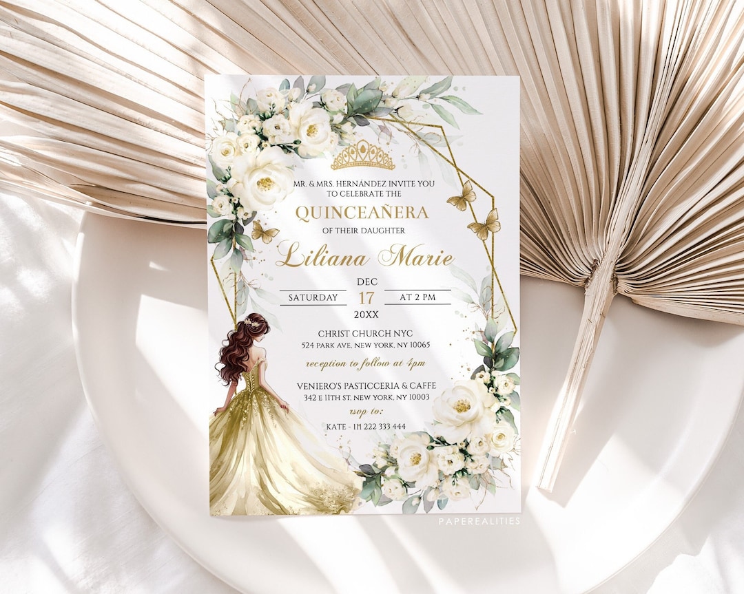 Editable Ivory White and Gold Quinceañera Invitation Template ...
