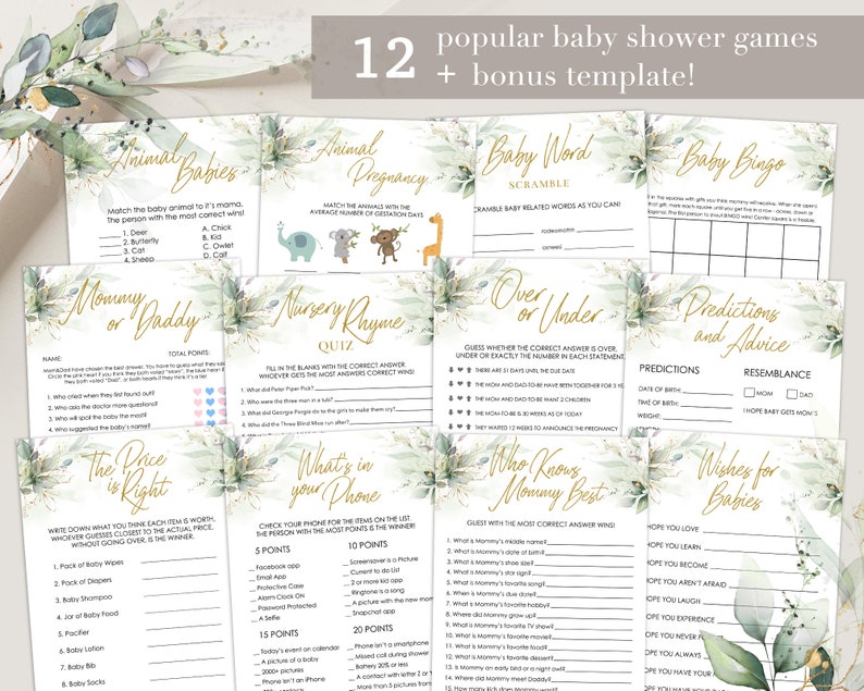 Greenery Baby Shower Games Template Bundle Printable Baby | Etsy