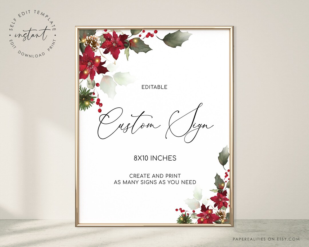 Winter Wedding Sign Template: Holly Poinsettia Design (digital Download ...