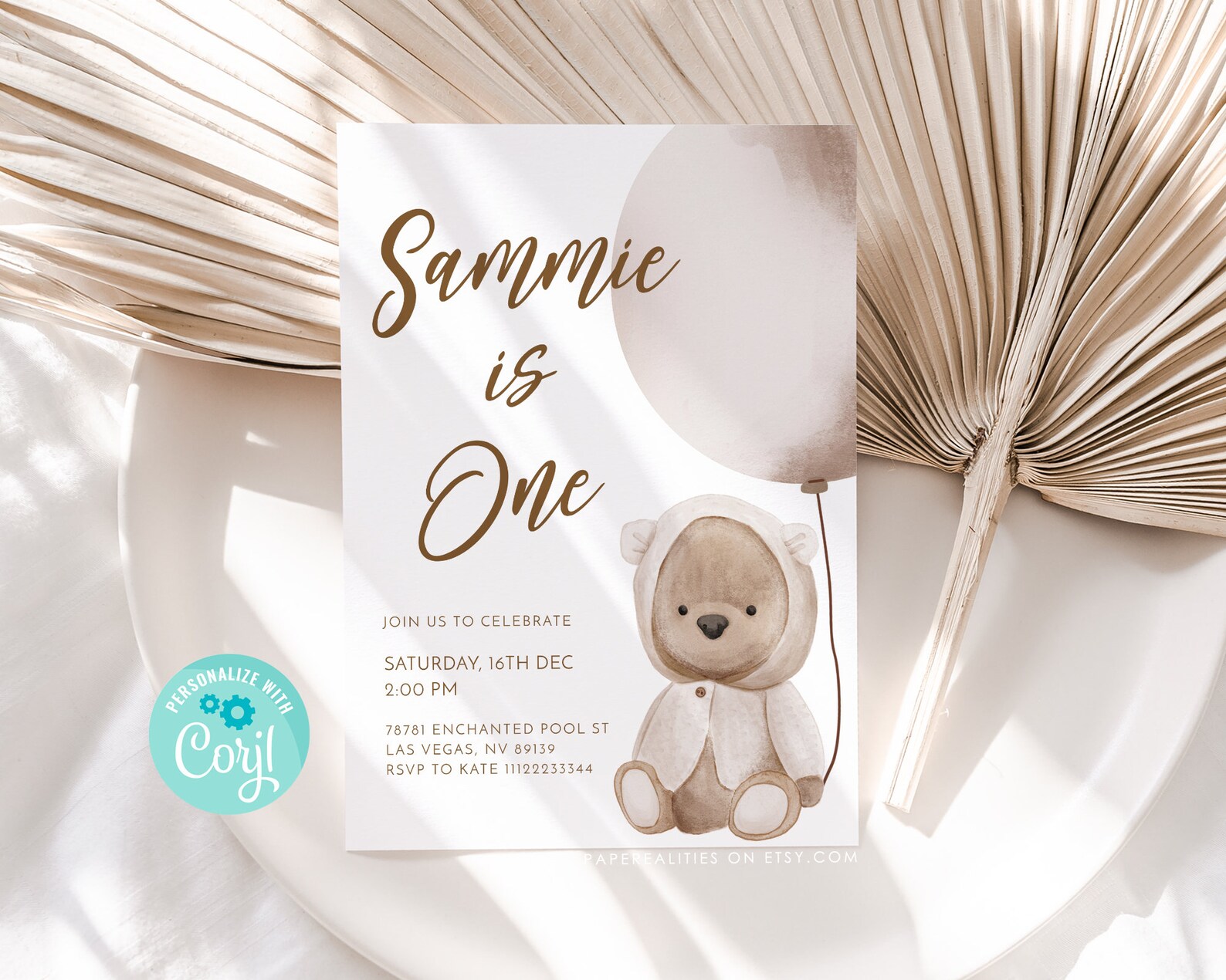 Bear Birthday Invitation, Editable 1st Birthday Bear Balloon Invite ...