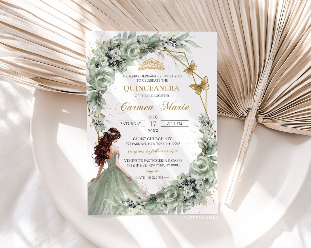 Sage Green Quinceanera Invitation Template, Mis Quince Anos, Sage and ...