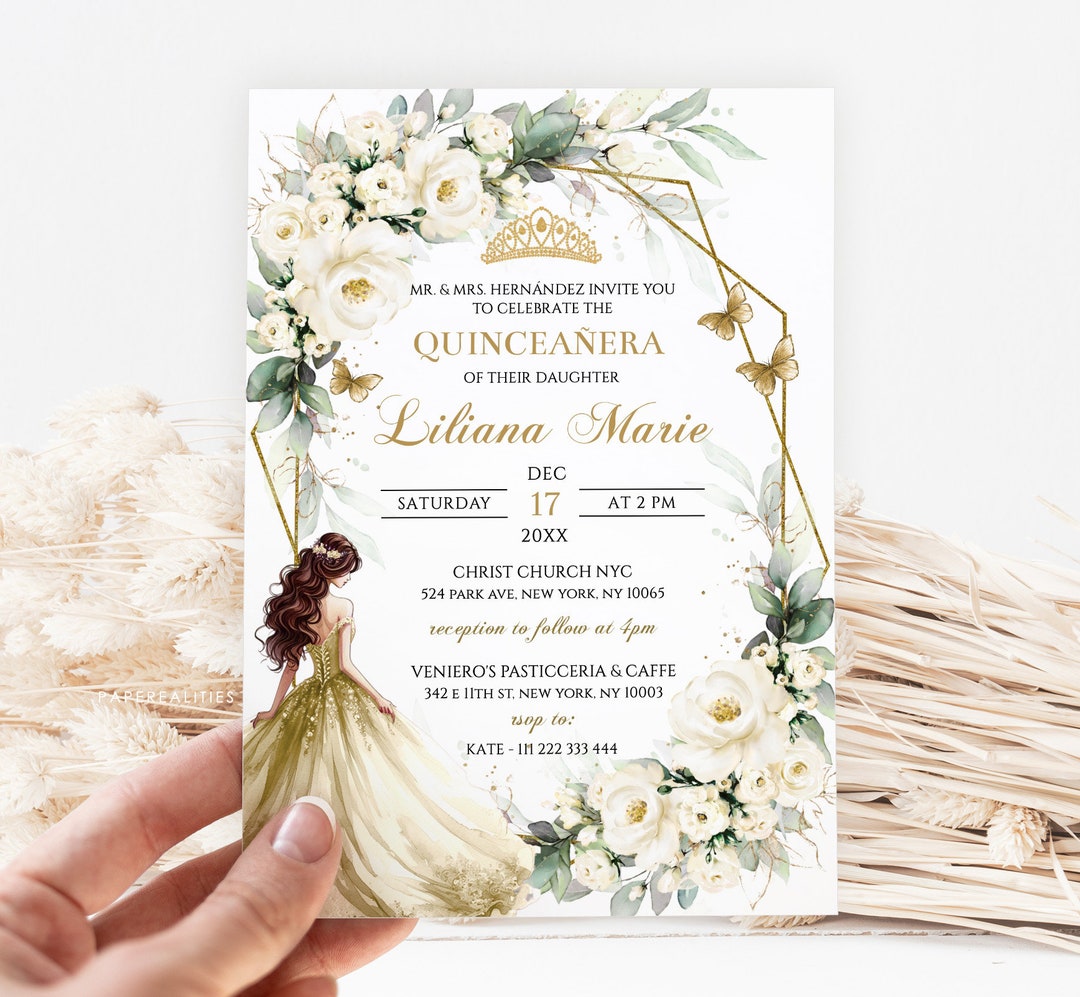 Champagne White and Gold Quinceañera Invitation Template, Gold Quince ...