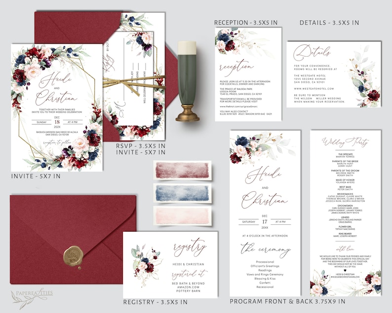 Burgundy Floral Wedding Invitation Set: Editable Template (digital ...