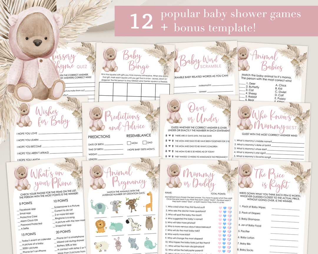 Pink Bear Baby Shower Games Template, Girl Teddy Bear Baby Shower Games ...