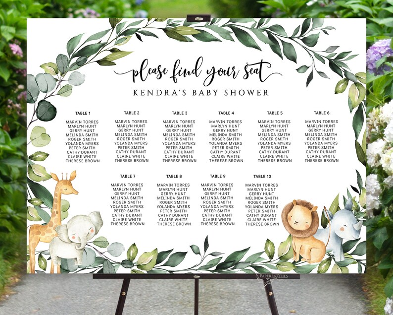 Safari Baby Shower Seating Chart: Greenery Jungle Animals (digital ...