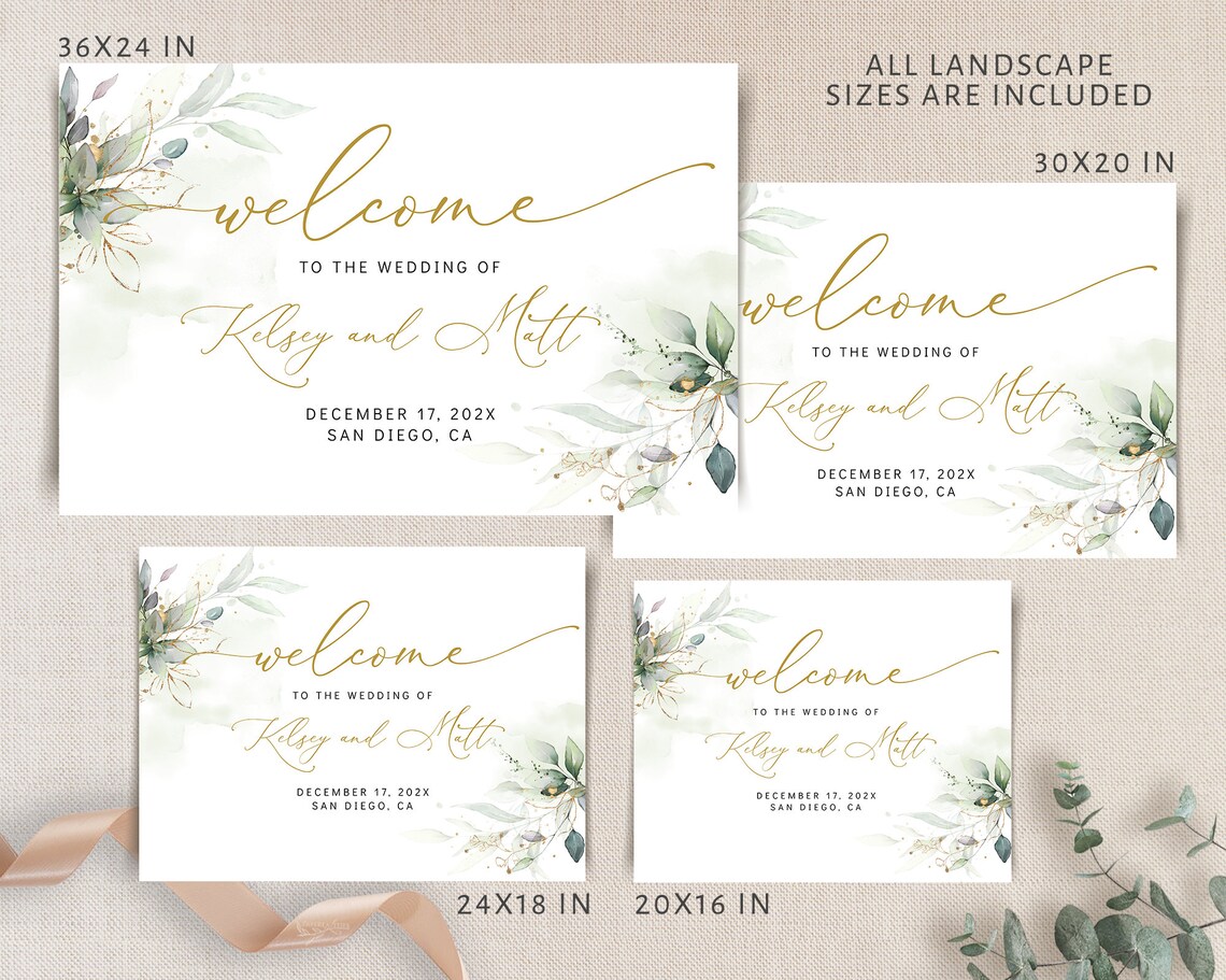 KELSEY Minimalist Greenery Wedding Welcome Sign Template | Etsy