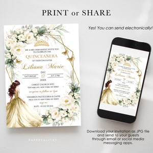Champagne White and Gold Quinceañera Invitation Template, Gold Quince ...