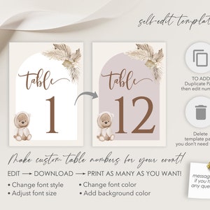 Bear Baby Shower Table Number Template, Printable Table Number, Boho ...