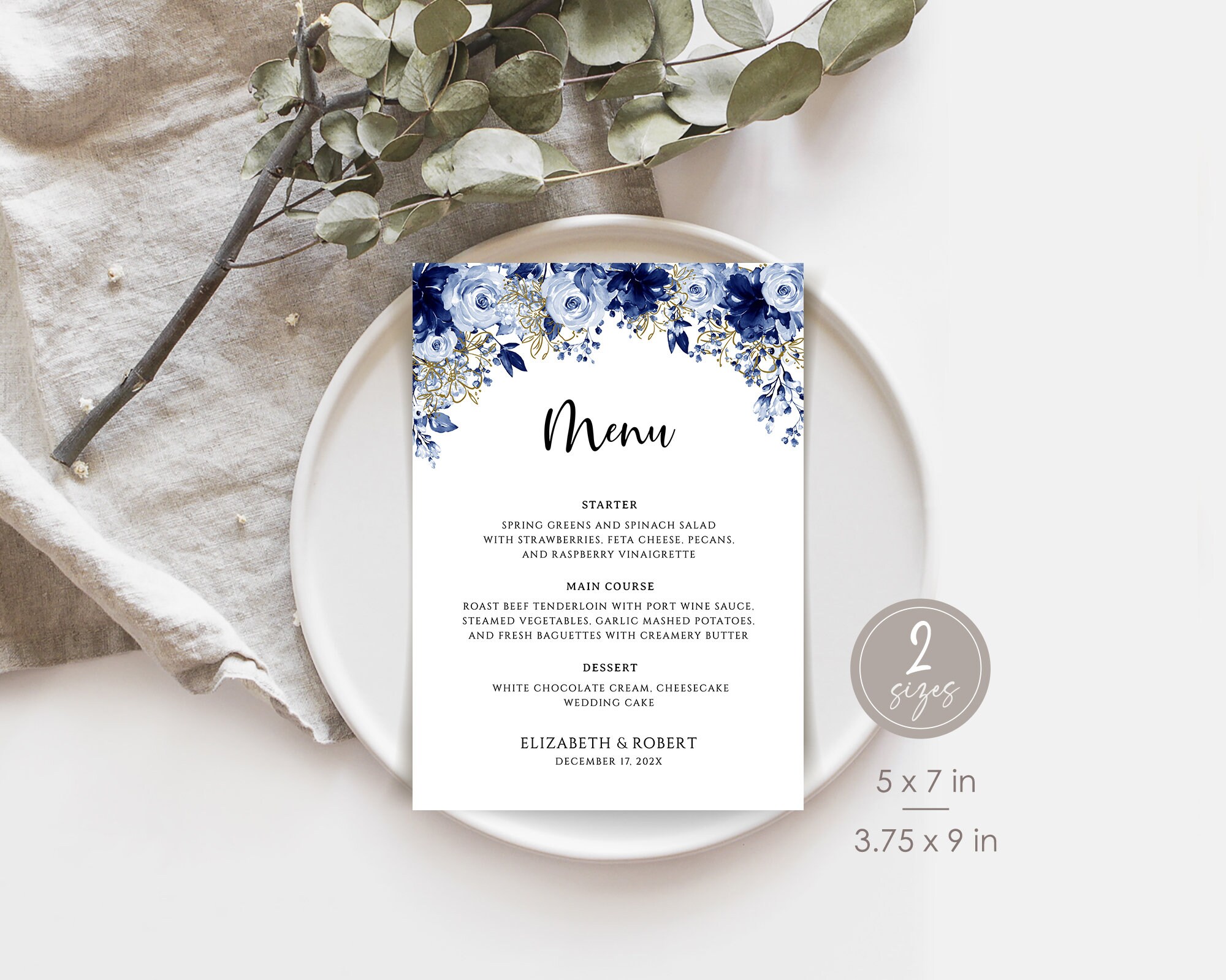ELIZA Navy Blue Menu Template Printable Editable Menu Card - Etsy