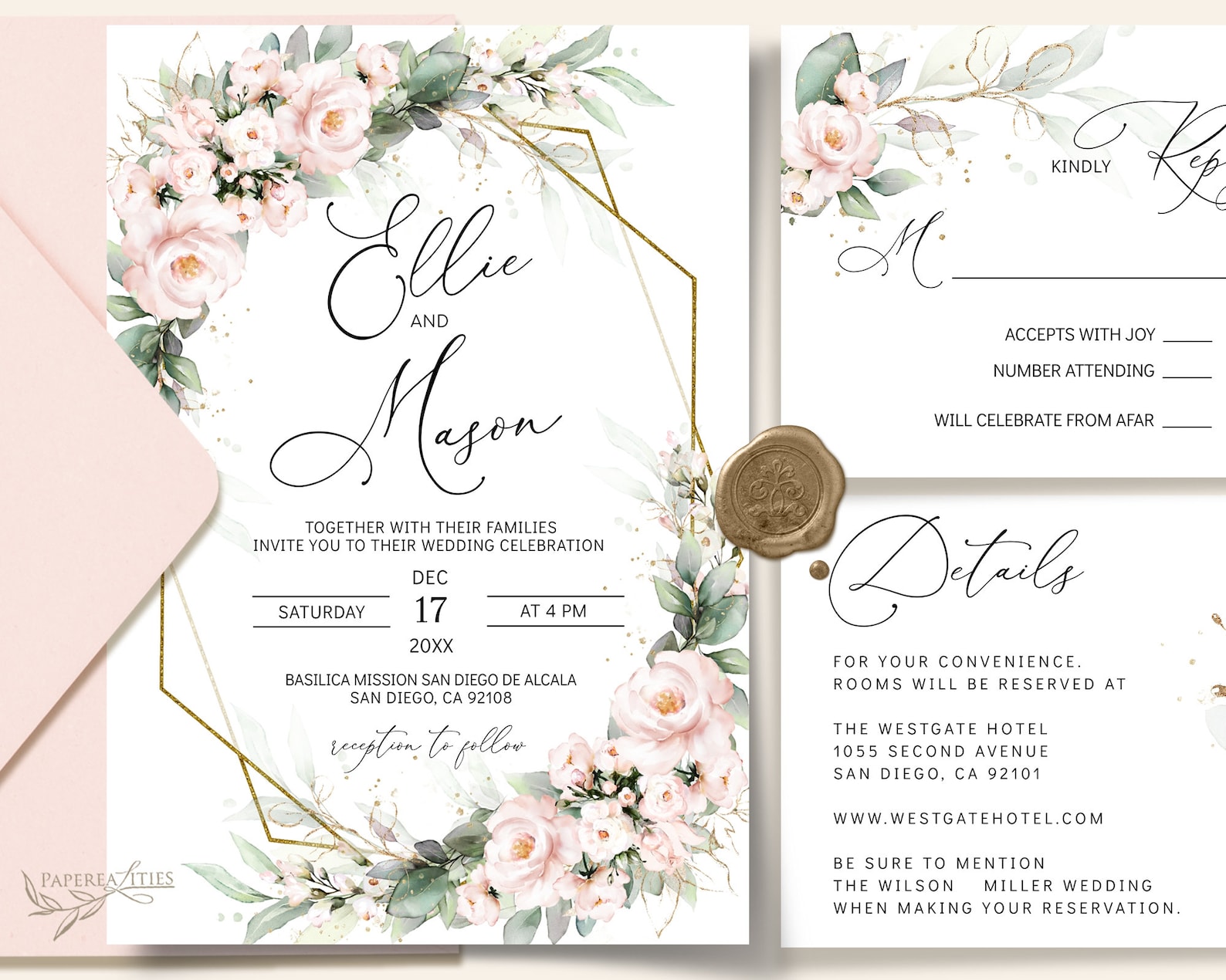 Blush Pink Floral Wedding Invitation Template With Gold (digital ...