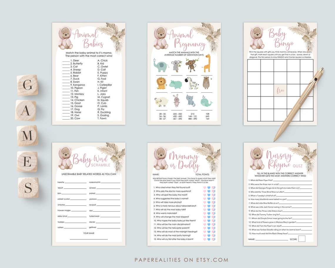 Pink Bear Baby Shower Games Template Girl Teddy Bear Baby - Etsy