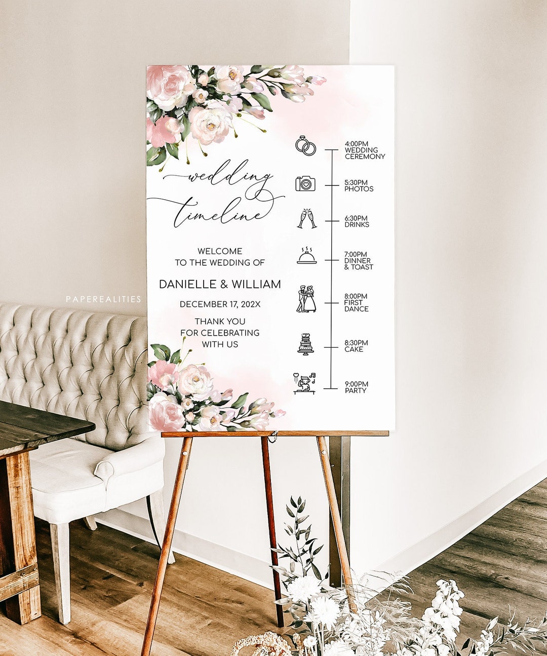 Wedding Day Timeline Sign Template, Pink Floral Wedding Agenda Sign ...