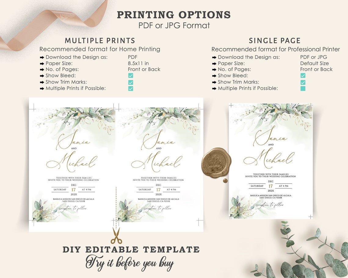 Sage Green Wedding Invitation Template Editable Wedding - Etsy