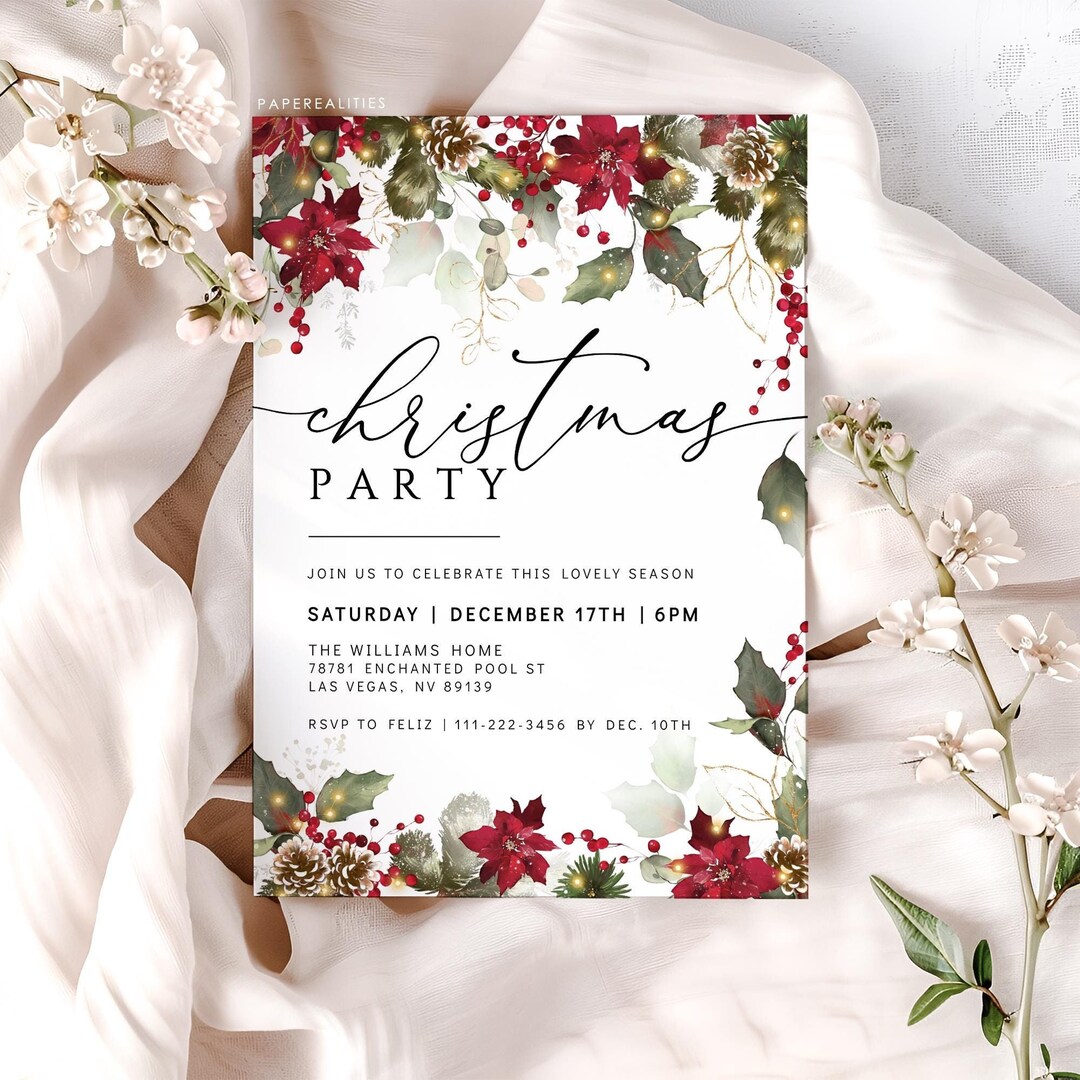 Editable Christmas Party Invitation Template: Winter Floral (corjl) - Etsy