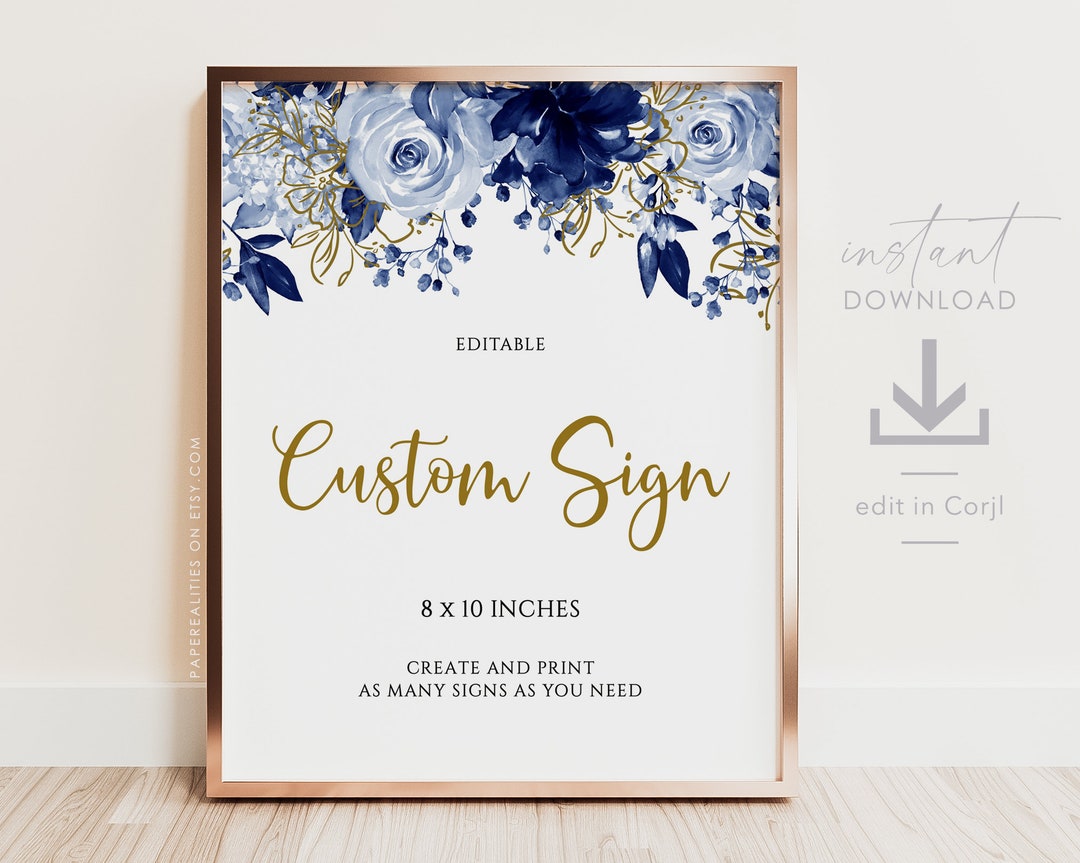 Custom Sign Template, Navy Blue Wedding Custom Sign Table Top Printable ...