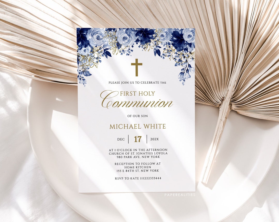 Blue First Holy Communion Boy Invitation Template Editable 1st ...