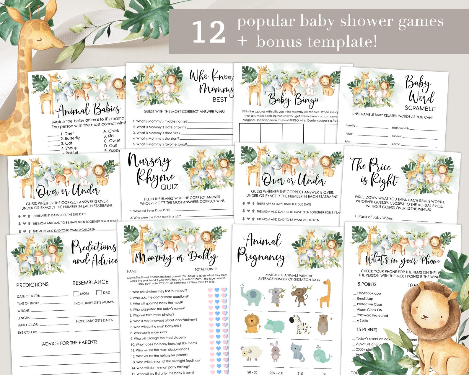 JUNGLE Safari Baby Shower Games Bundle Baby Shower Games | Etsy