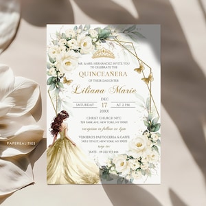 Champagne White and Gold Quinceañera Invitation Template, Gold Quince ...