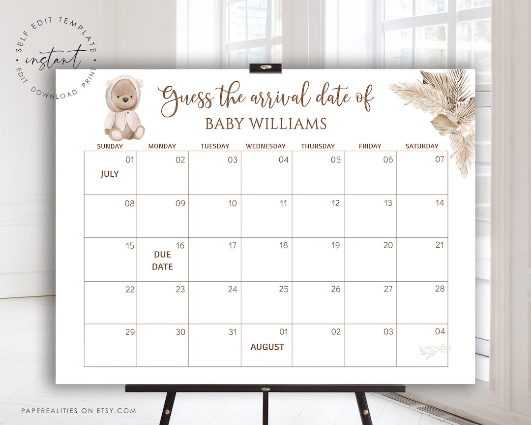 Baby Shower Due Date Calendar Template, Editable Guess the Baby's ...