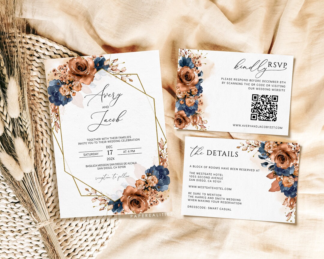 Navy Blue Rust Brown Wedding Invitation Template, Terracotta Navy Blue ...