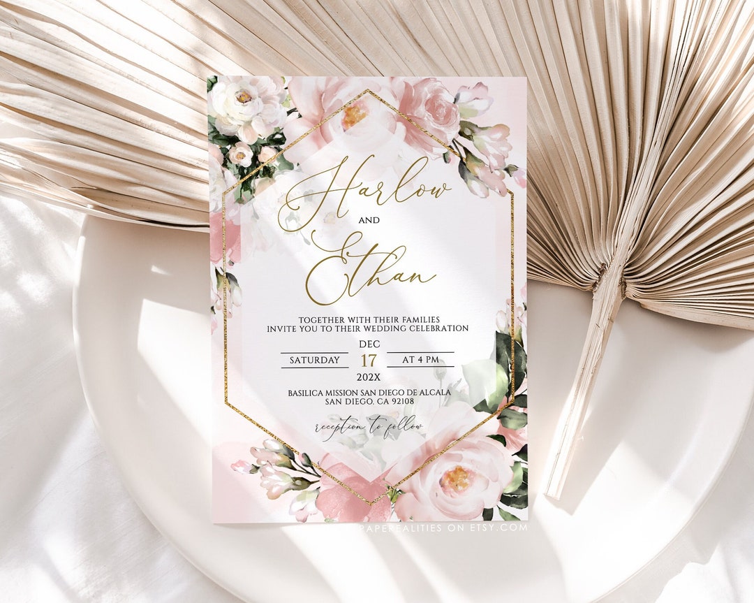 HARLOW - Wedding Invitation Template, Blush and Gold Wedding Invitation ...