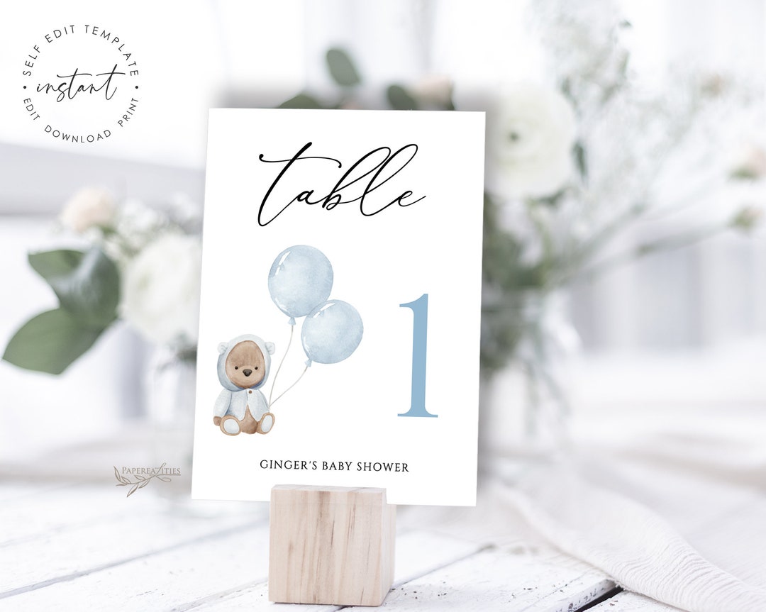 Bear Balloons Baby Shower Table Number Template, Dusty Blue Bear Baby ...
