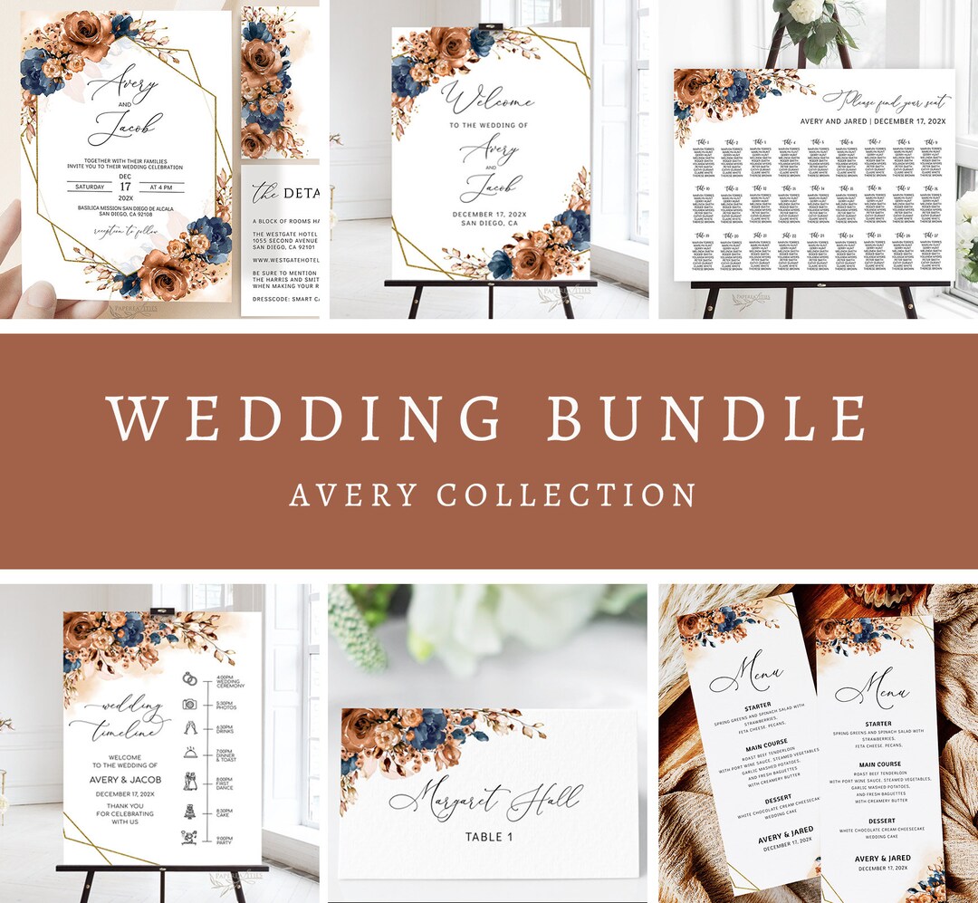 Navy Terracotta Wedding Template Bundle, Rust Navy Wedding Invitation ...