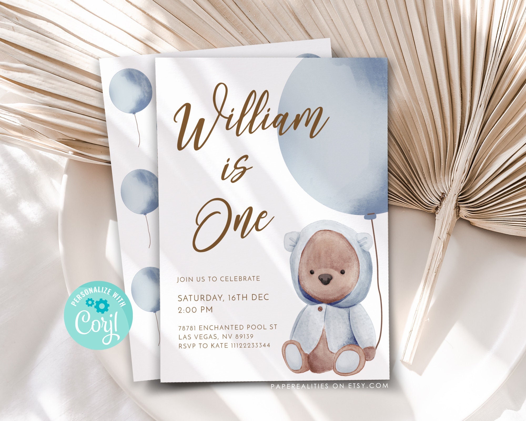 Bear Birthday Invitation 1st Birthday Boy Bear Balloon - Etsy
