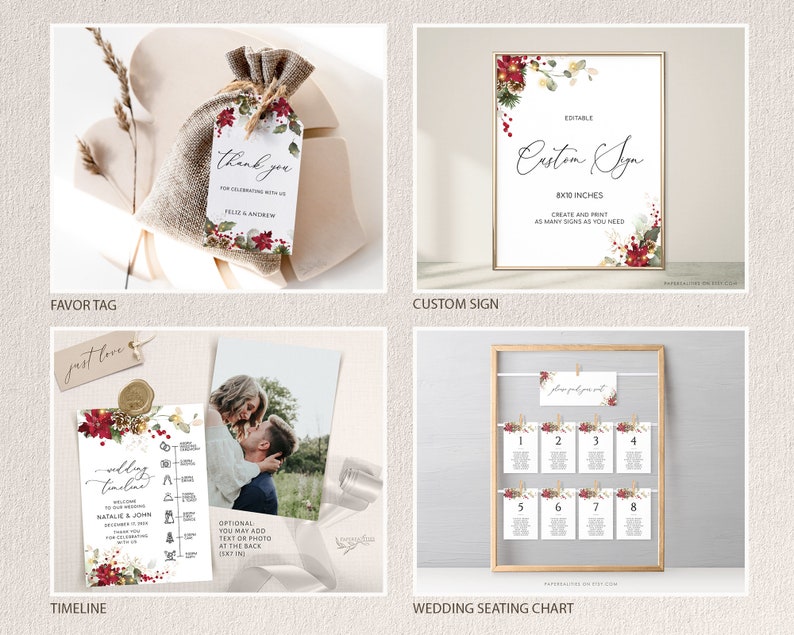 Christmas Wedding Invitation Bundle: Red Poinsettia, Winter Holly ...