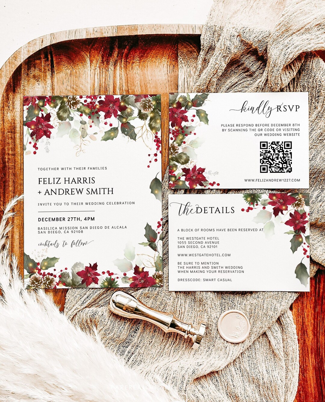 Winter Holly Wedding Invitation Template, Christmas Themed Wedding ...