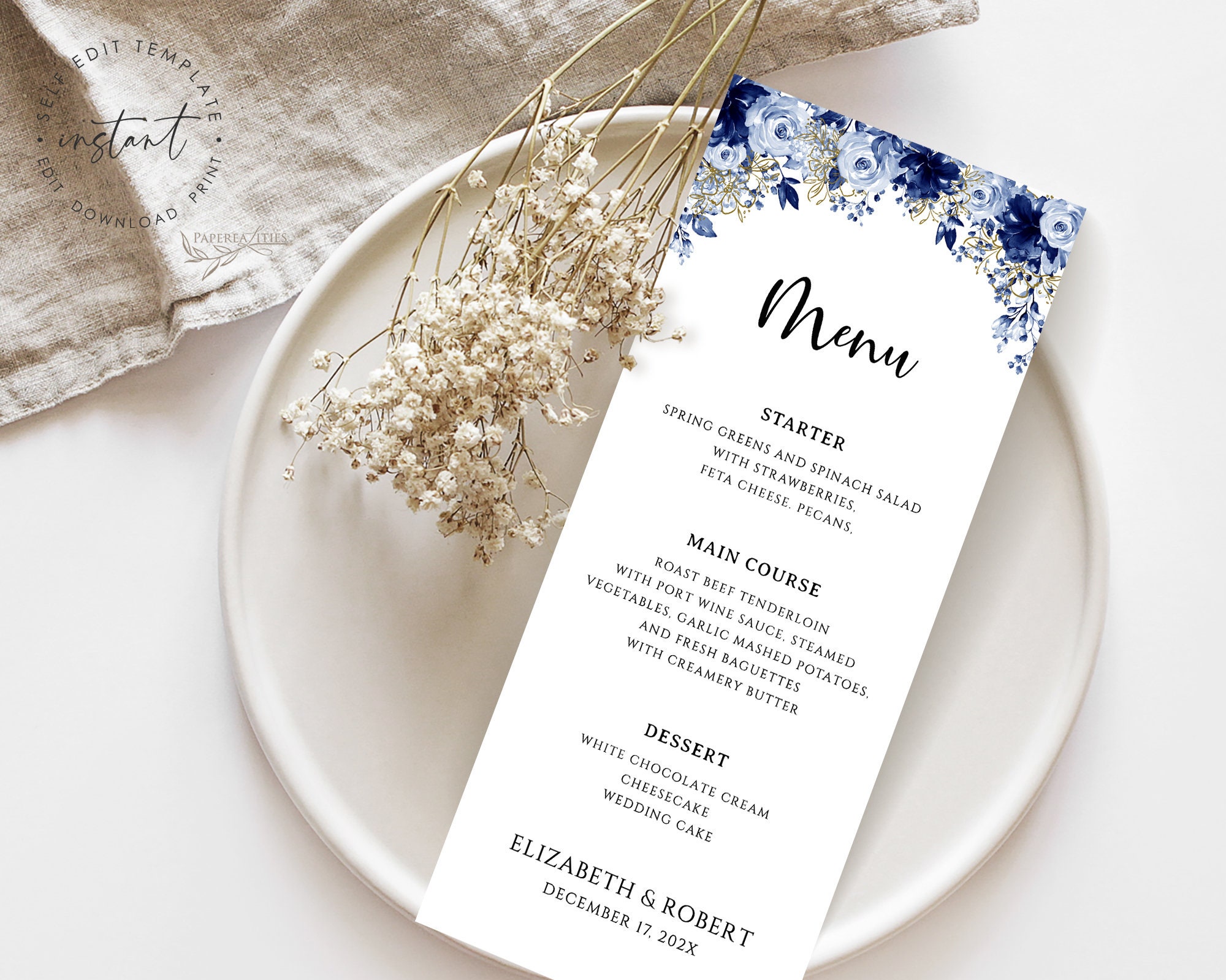 ELIZA Navy Blue Menu Template Printable Editable Menu Card - Etsy