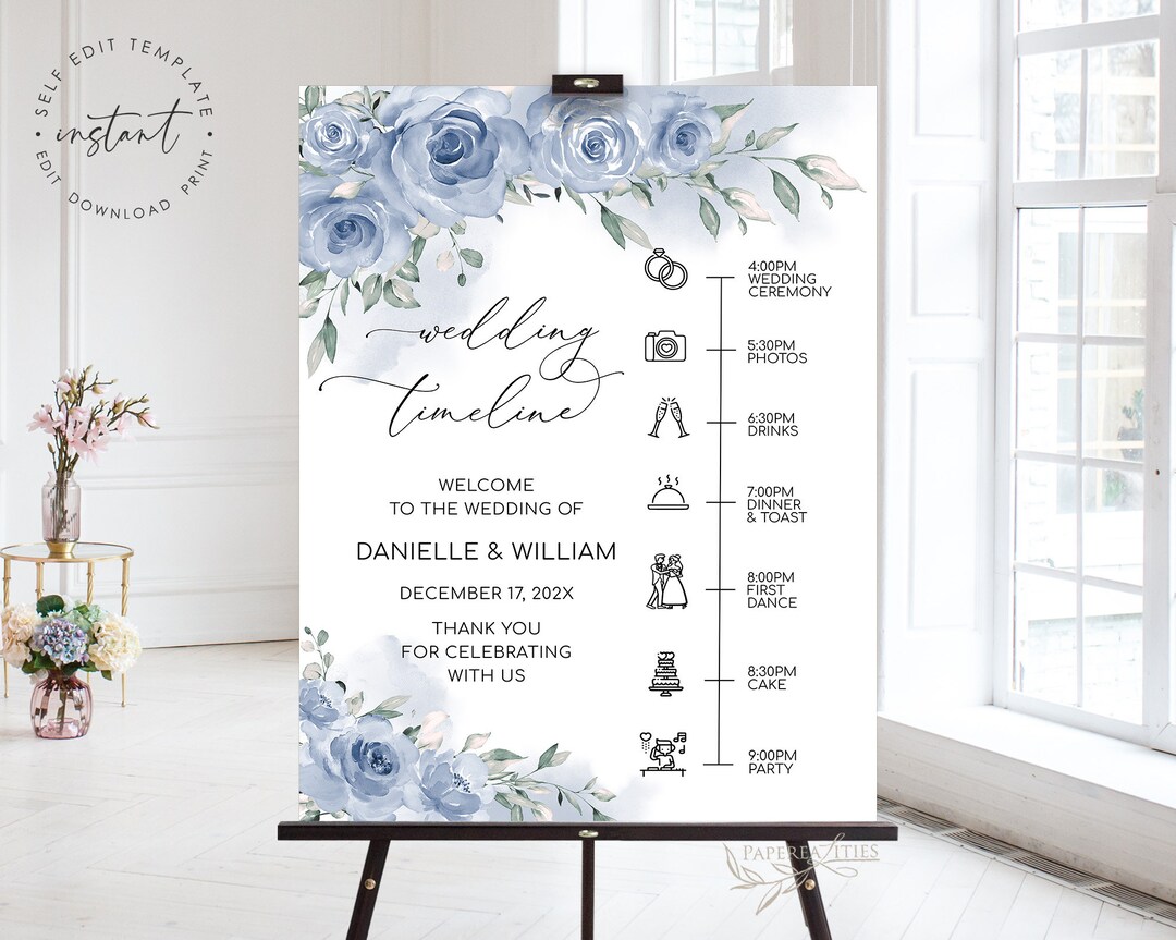 Dusty Blue Wedding Timeline Template Download, Blue Floral Wedding ...