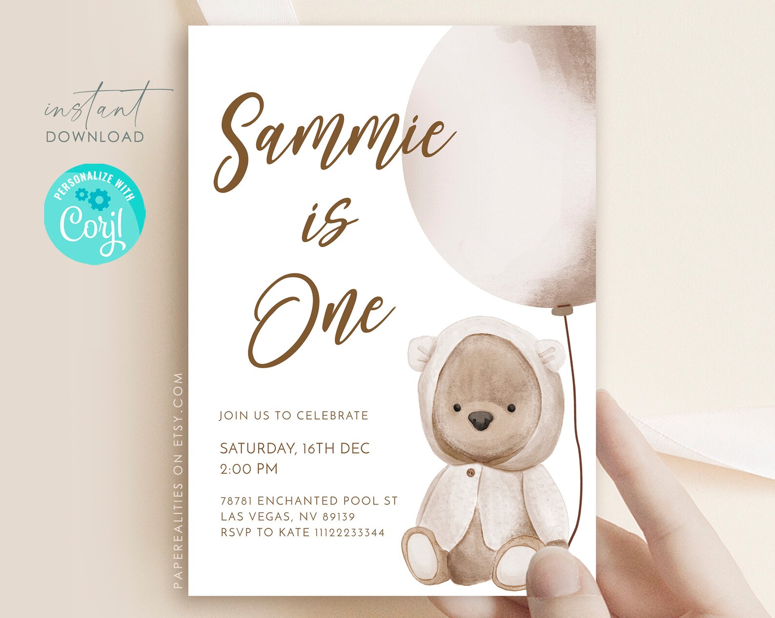 Bear Birthday Invitation, Editable 1st Birthday Bear Balloon Invite ...