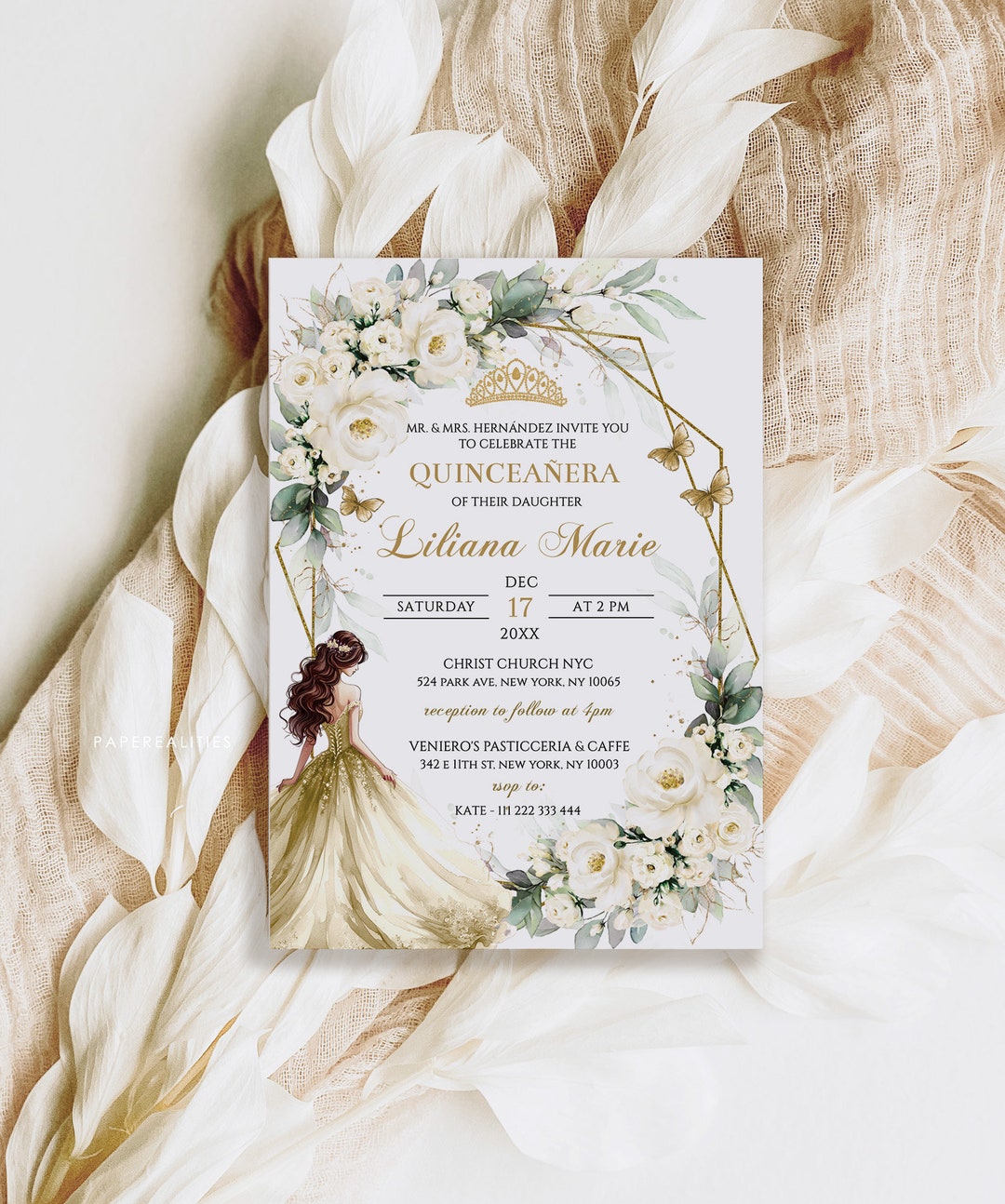 Champagne White and Gold Quinceañera Invitation Template, Gold Quince ...