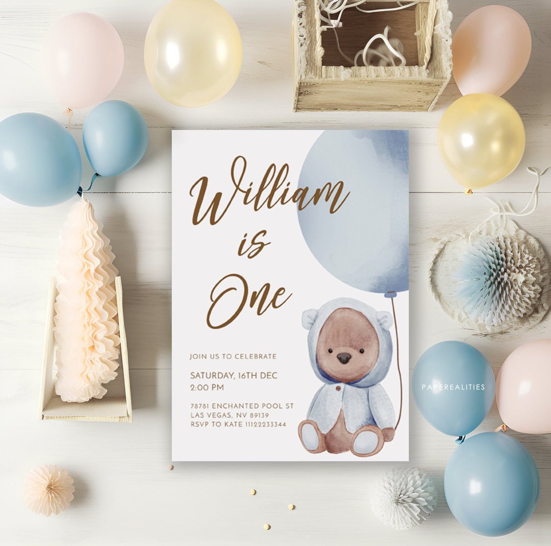 Bear Birthday Invitation, 1st Birthday Boy, Bear Balloon Birthday ...