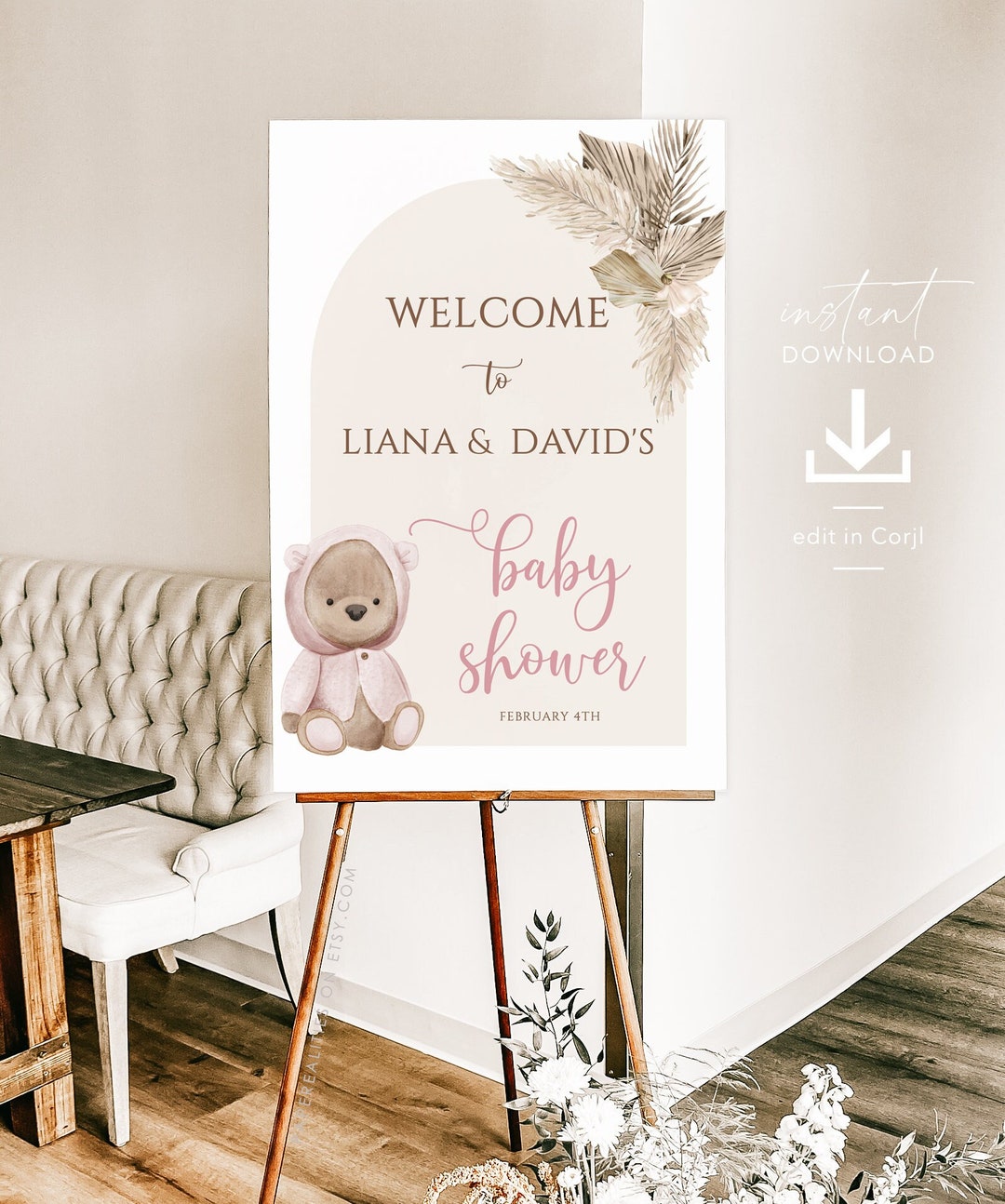 Pink Bear Baby Shower Sign Template, Bear Baby Shower Girl, Editable ...