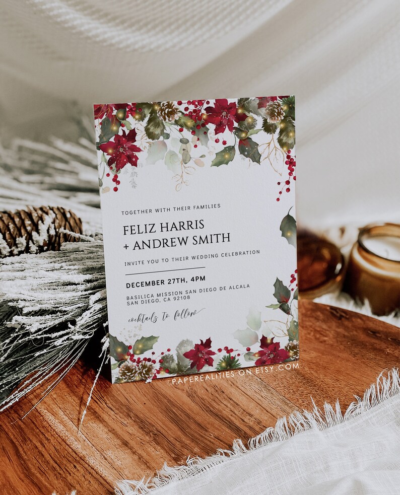 Winter Holly Wedding Invitation Template Christmas Themed - Etsy