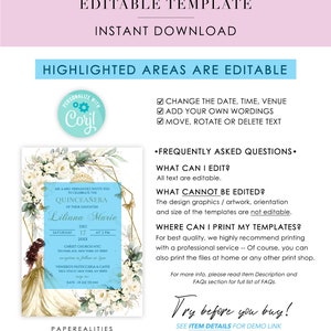 Champagne White and Gold Quinceañera Invitation Template, Gold Quince ...