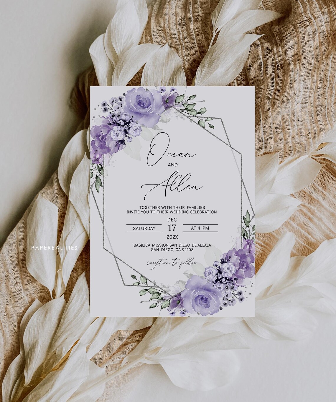 Lavender Floral Wedding Invitation Template: Lilac & Silver (editable ...