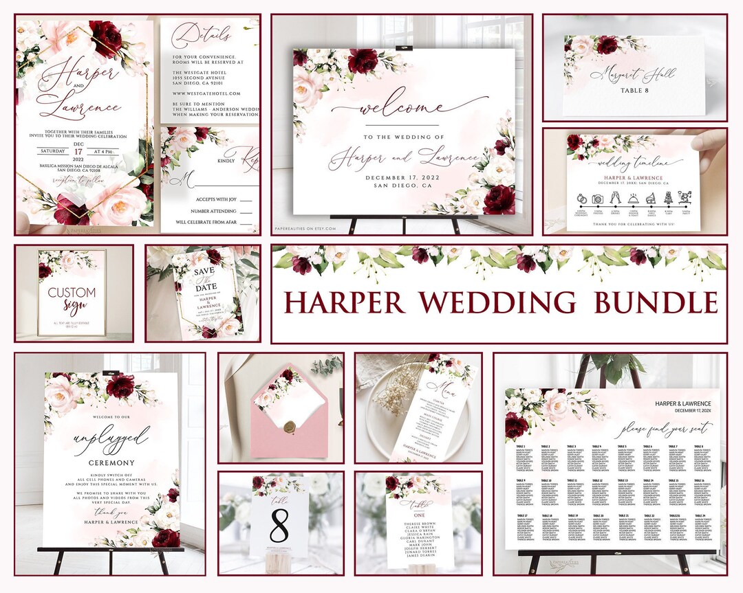 HARPER - Wedding Template Bundle, Wedding Invitation Burgundy Blush Floral Printable Editable ...